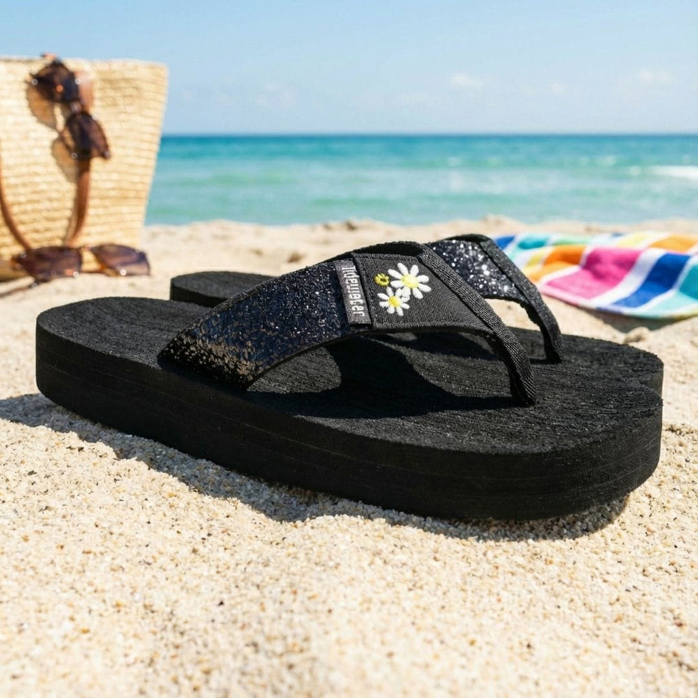 Starry Daisy Nights by Tidewater Sandals | Glitter Daisy Flip Flops